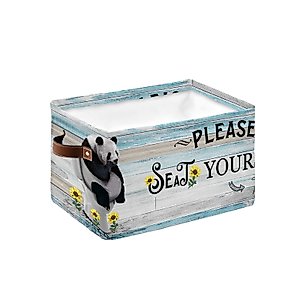 Storage Bins Cubes Waterproof Cloth Storage Basket, Panda Sitting on Toilet Sunflower Foldable Storage Bags for Shelf Closet Clothes Storage Organizers with Handles 15x11x9.5 in Please Seat Rural Wood