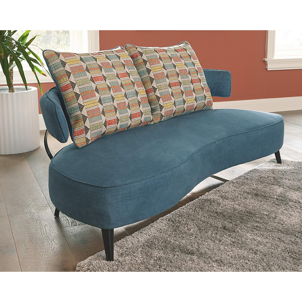 Signature Design by Ashley Hollyann Mid-Century Modern Sofa with 2 Back Pillows, Blue