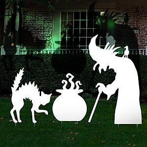Wironlst Halloween Decorations Outdoor Black Cat Witch Cauldron Yard Signs with Stakes, Scary Witch Silhouette Halloween Decorations for Outdoor Yard Lawn Garden Halloween Decor