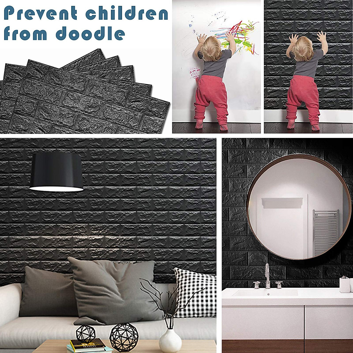 Sodeno 10 PCS Black 3D Wall Panels, 14.5 sq.feet Coverage, Printable Wallpaper Sticker with Self-Adhesive Waterproof Brick PE Foam Wall Panels Peel and Stick for Interior Wall Decor, Home Decoration
