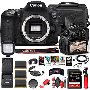 Canon EOS 90D DSLR Camera (Body Only) (3616C002) + 64GB Memory Card + Case + Corel Photo Software + 2 x LPE6 Battery + External Charger + Card Reader + LED Light + HDMI Cable + More (Renewed)