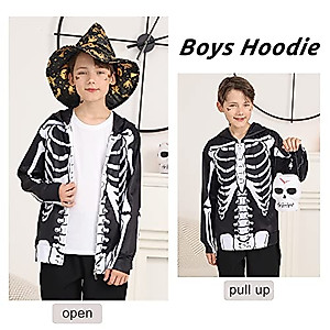 uideazone 12-14 Years Teenage Boys Zipper Hooded Sweatshirts Size 13t Trendy Halloween Skeleton Long Sleeve Zip Up Hoodies Autumn Hoody Coat Tops