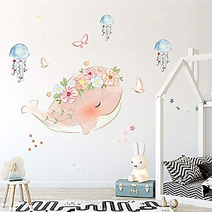 Bamsod Pink Whale Wall Sticker Underwater Animals Ocean DIY Wall Decal Marine Life Wall Stickers for Nursery Kids Playroom Home Decor