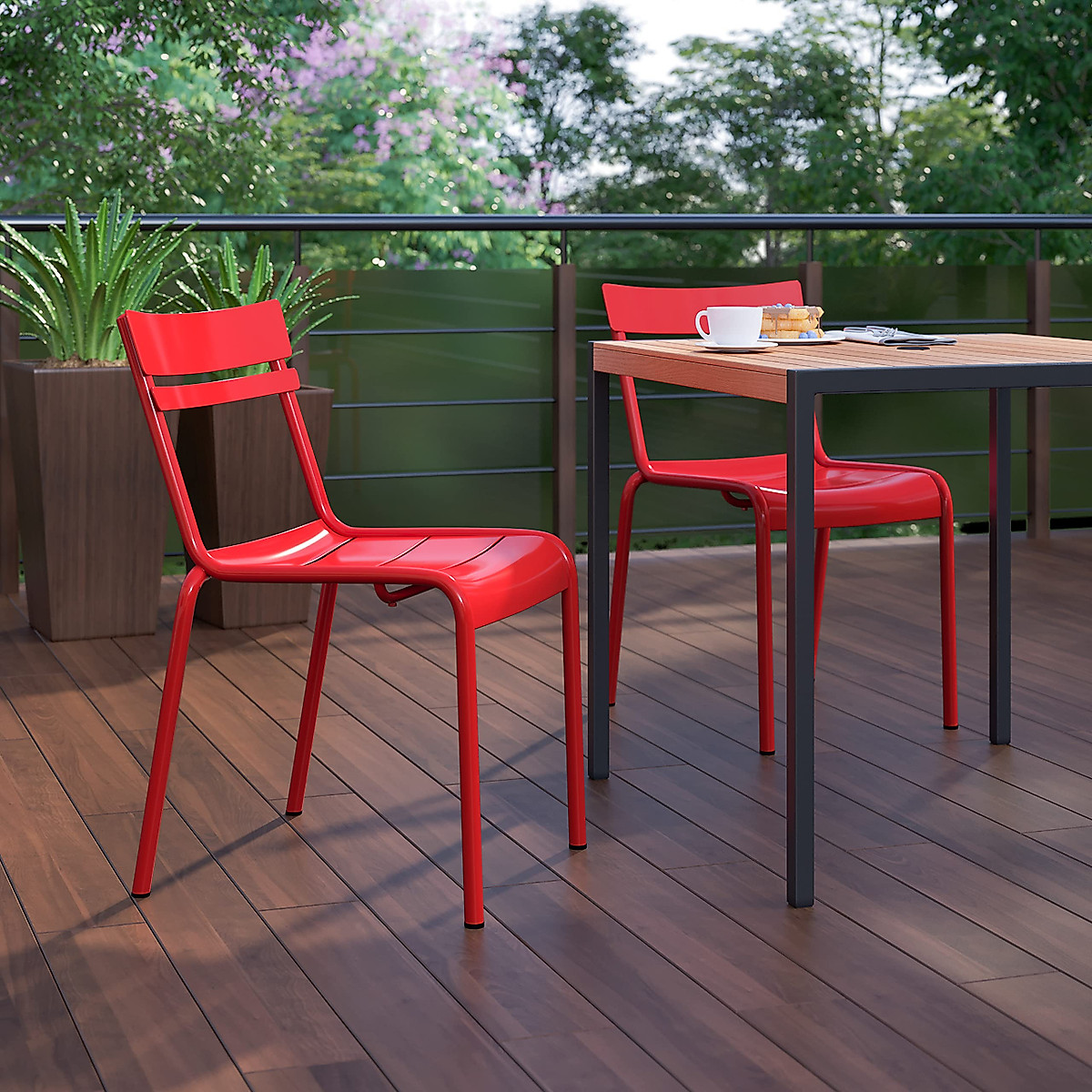 Flash Furniture Nash Commercial Grade Steel Stack Chair, Indoor-Outdoor Armless Chair with 2 Slat Back, Set of 4, Red