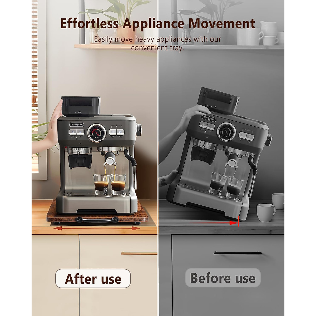 Evermagin Appliance Slider, Sliding Tray for Coffee Maker, Coffee Pot Slider Tray for Countertop, Kitchen Appliance Rolling Tray with Rubber Wheels (Rustic Brown, Large - Long (12.5” x 16”))