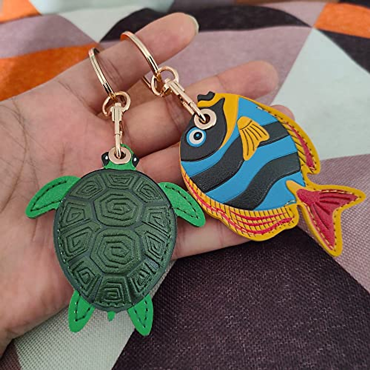 2 Pack Leather Airtag Keychain Case Holder, Cute Kawaii Accessories Suitable for Airtag (Fish-Turtle)