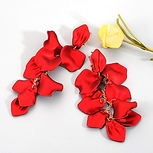 Acrylic Rose Petal Earrings For Women Bohemia Resin Long Tiered Flower Drop Dangle Earrings Statement Exaggerated Floral Tassel Earrings (Red)