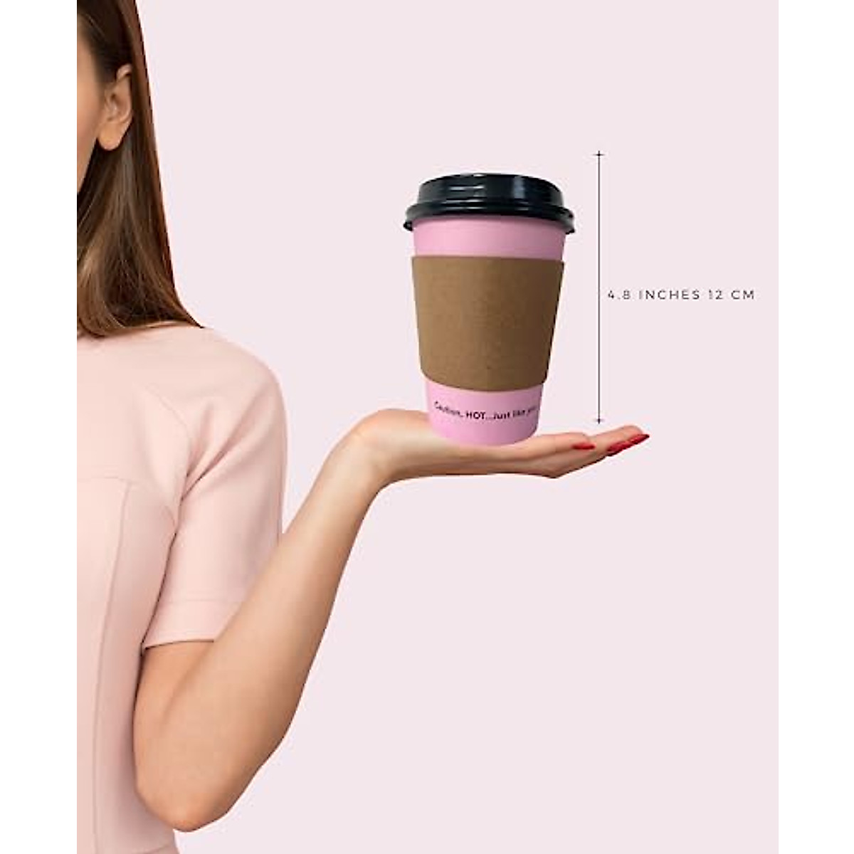 50-Pack 12 OZ Eco-Friendly Disposable Coffee Cups with Lids & Sleeves - Premium Biodegradable Paper Cups for Hot/Cold Beverages - Ideal for Parties, Offices & On-the-Go - Pink