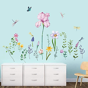decalmile Garden Flower Wall Decals Narcissus Iris Floral Dragonfly Wall Stickers Bedroom Living Room TV Wall Home Decor