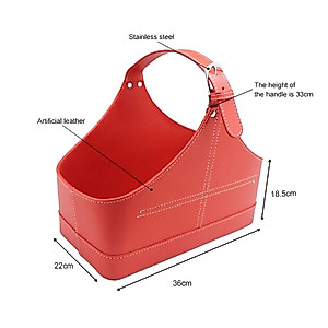 Leather Storage Basket,MDF Structure Wine Flowers Fruits Magazine Holder Rack/Bins,with Top Handle for Holiday Presents Gifts Display (Middle, Red)