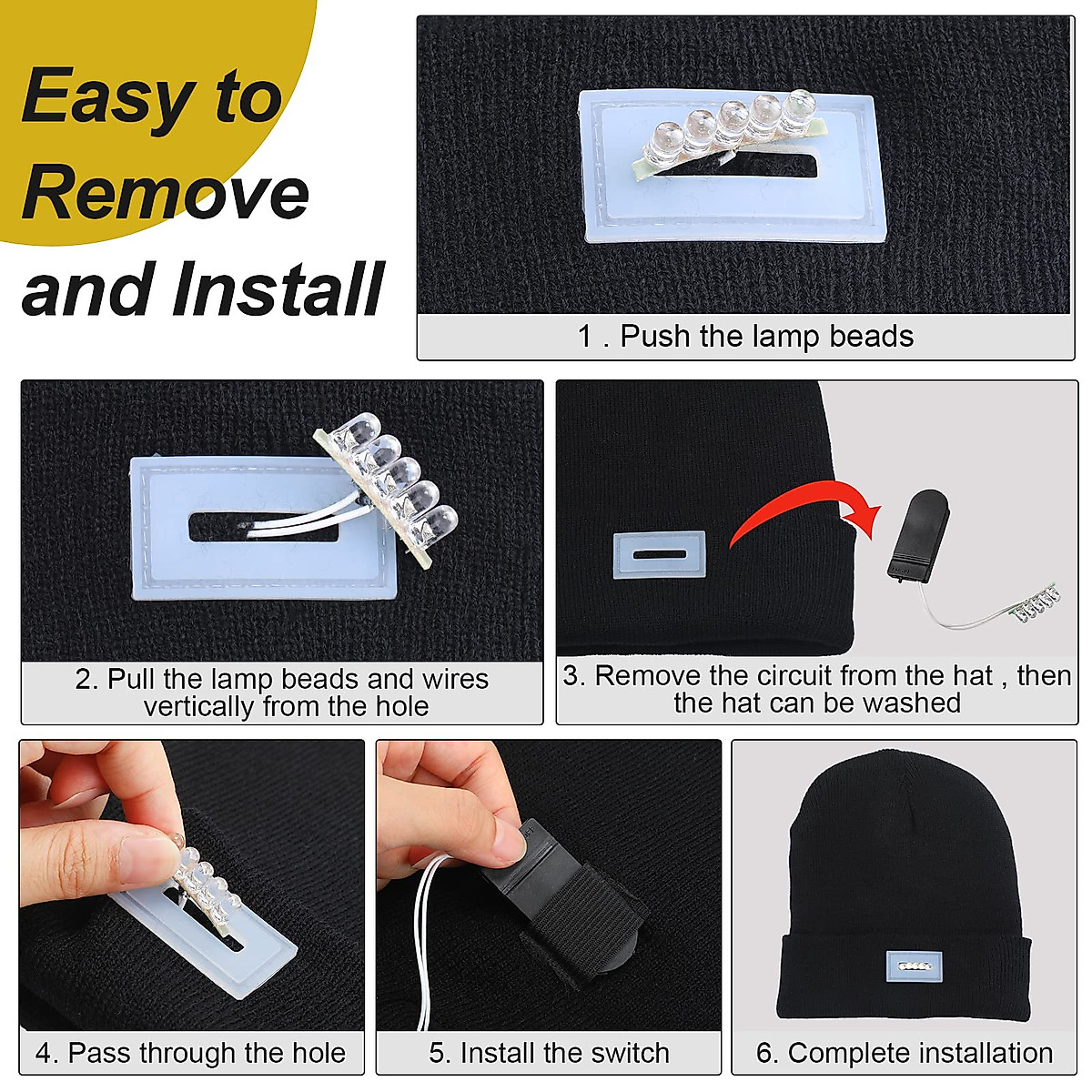 SATINIOR 12 Pcs 5 LED Light Beanie Hat Headlamp Unisex Winter Knitted Cap with Light Gifts for Men(Black)