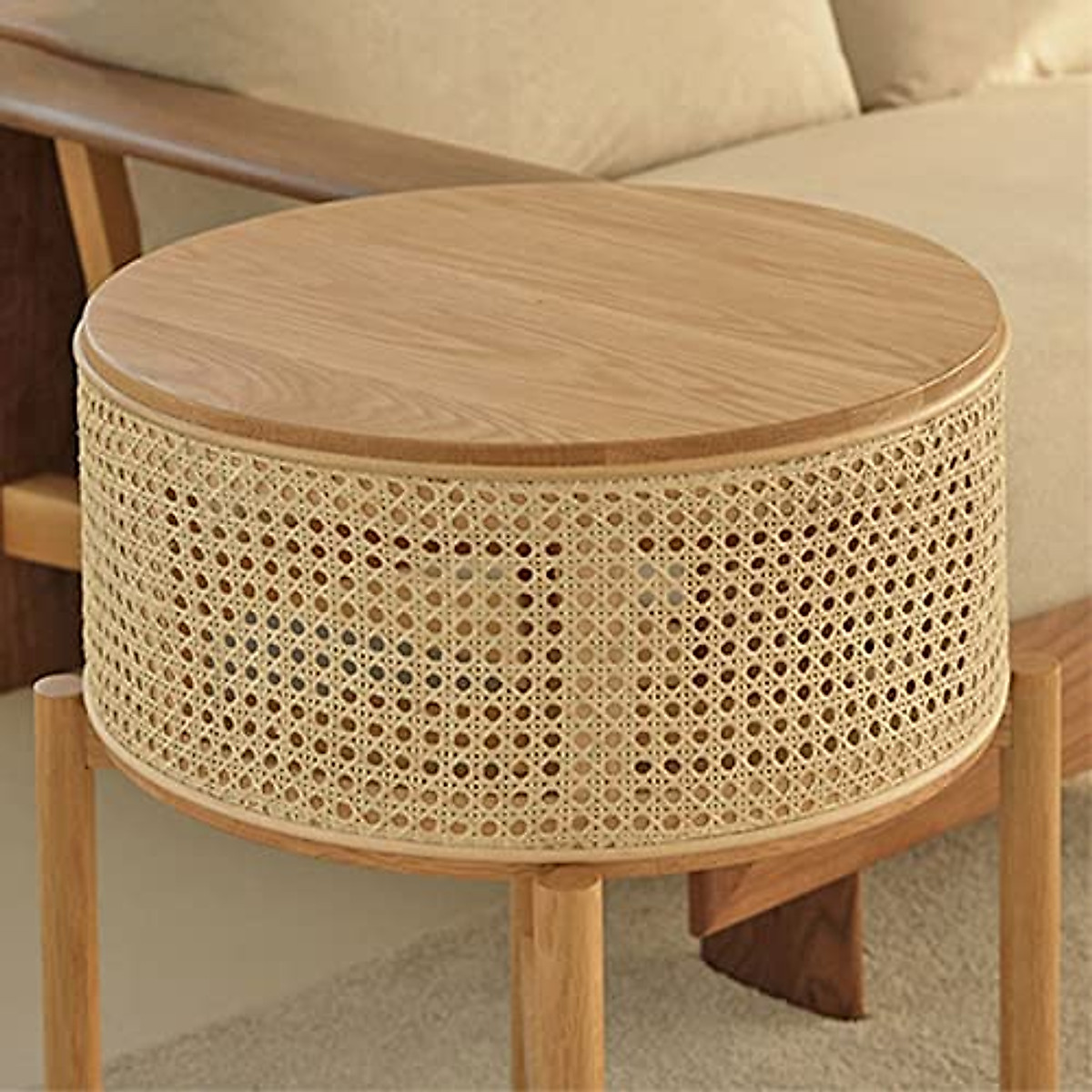 HIGOH Bedside Table Coffee Table Rattan Sofa Sides Table Simple Tea Table Living Room Bedroom Rattan Small Round Nightstand