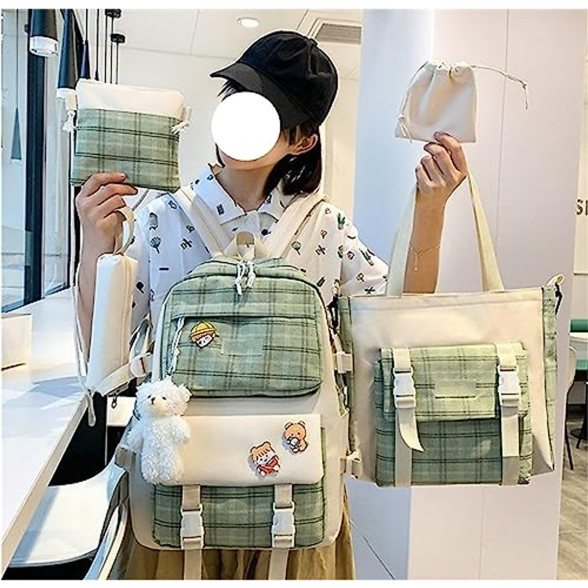 Sanley 5Pcs Kawaii Backpack Set with Cute Bear Accessories Backpack Casual Backpack Travel Backpack Cute Backpack(01-Green Backpack)