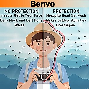 Benvo Mosquito Head Net Mesh, Face Neck Fly Netting Hood from Bugs Gnats Noseeums Screen Net for Any Outdoor Lover- with Carry Bags Fits Most Sizes of Hats Caps (2pcs, White, Updated Big Net)