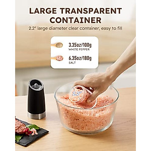 Gravity Electric Pepper and Salt Grinder Set, Sangcon Automatic Pepper and Salt Mill Grinder Battery Powered with LED Light, Adjustable Coarseness, One Hand Operation, Upgraded Larger Capacity, 2 Pack