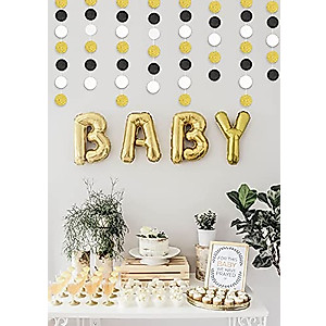 MerryNine Paper Garland, 5 Pack 50ft Glitter Paper Garland Circle Dots Hanging Decor, Paper Banner for Baby Shower, Birthday, Nursery Party Decor(Circle Polka Dots-Black White Gold-50 Feet)