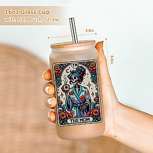 Fairy's Gift Skeleton Mom Iced Coffee Cups, Cute 16 oz Frosted Glass Cup with Lid and Straw, the Mom Tarot Card Christmas Aesthetic Skull Cups, Witchy Mama Gifts, Birthday Gifts for Mom Women