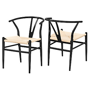 Yaheetech Set of 2 Weave Arm Chair Mid-Century Metal Dining Chair Y-Shaped Backrest Hemp Seat, Black