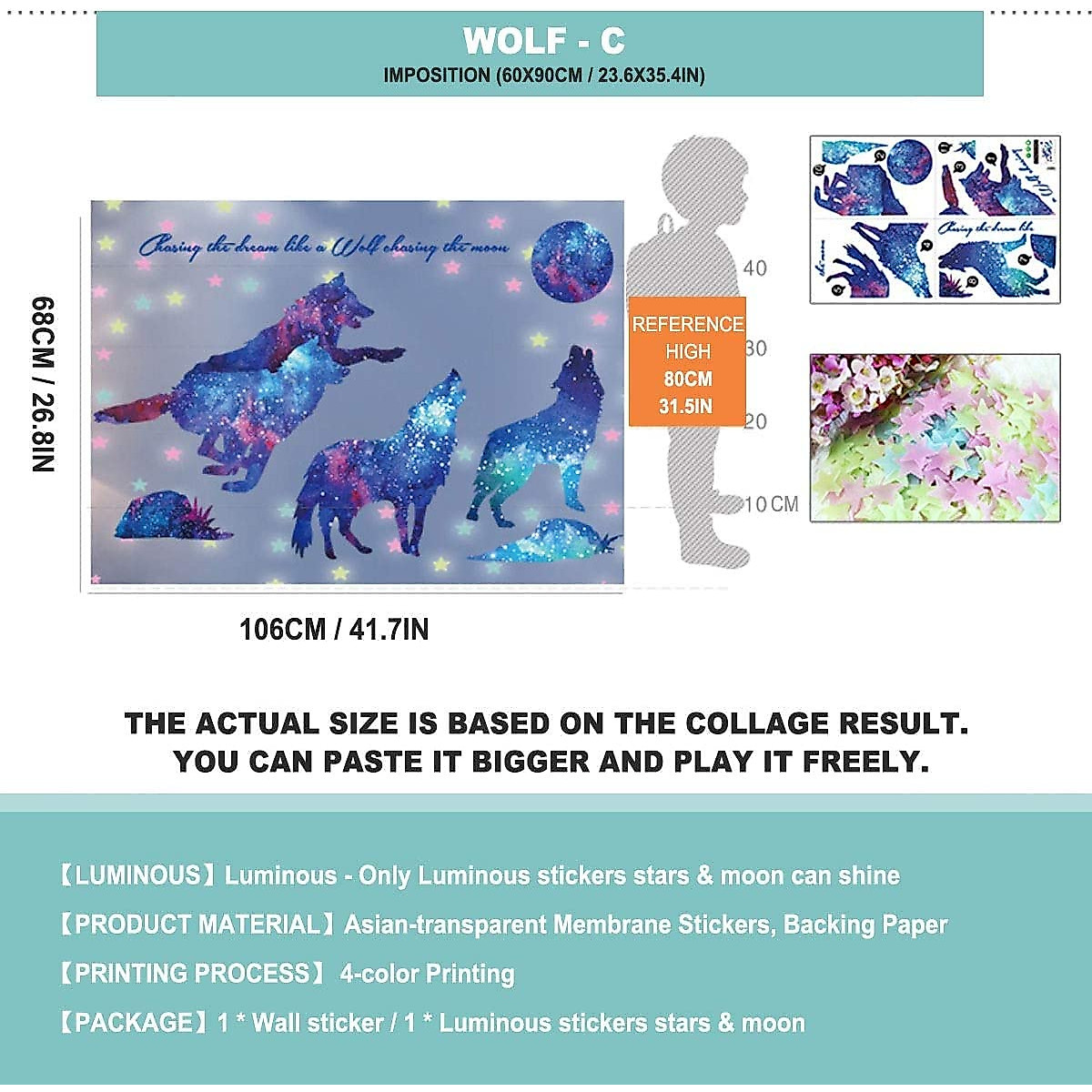 Starry Sky Galaxy Wolf Room Decor Wall Decal and Glow Moon Star Stickers RUIPBOTE Teen Bedroom Wall Decor Murals