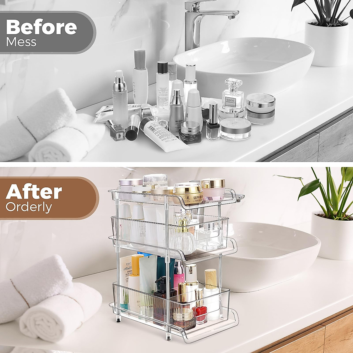 XINYA BAO 3 Tier Clear Bathroom Organizer, With Dividers, Multi-Purpose Pull-Out Pantry Organization and Storage, Under Sink Closet Organizers and Storage, Skincare Cosmetic Organizer Medicine Bins