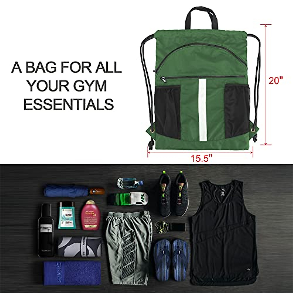 BeeGreen Dark Green Drawstring Backpack with Shoe Compartment X-Large Gym Sports String Cinch Backpack Athletic Sackpack with Front Inside Zipper Pockets