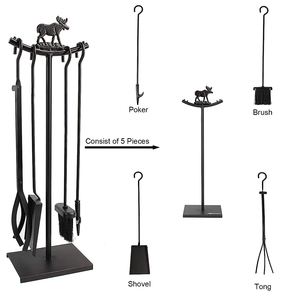 MYFIREPLACEDIRECT 5 Pieces Fireplace Tools Set Strength Wrought Iron Indoor Outdoor Fire Place Toolset Hearth Accessories Kit with Fireplace Brush, Fire Poker, Fireplace Shovel, Firewood Tong