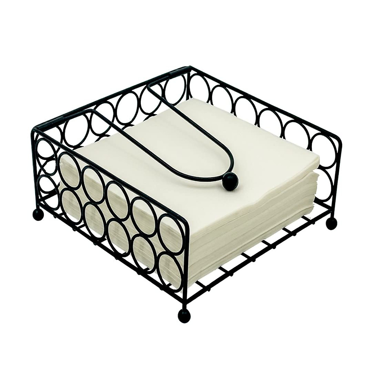 The Amador Store Flat Napkin Holder for Kitchen & Dining Table, Modern Lattice Napkin Basket Holder with Weighted Arm-Elegant Square Metal Paper Napkin Dispenser for Countertops & Outdoor (Black)