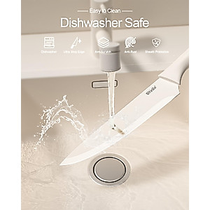 Otirilo 13 Pieces Kitchen Knife Set, Granite Nonstick Ceramic Coating Stainless Steel Sharp Chef Knives Set with Blade Guards & Kitchen Scissors, Essential Knife Set for Kitchen, Dishwasher Safe,White