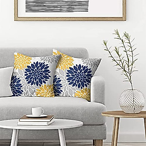 Navy Blue Yellow Pillow Covers 20x20 Inch 2 Pcs, Spring Summer Geometric Elegant Dahlia Decorative Throw Pillows, Flower Outdoor Decor Pillowcase Linen Square Cushion Cover Gift for Patio Couch Sofa