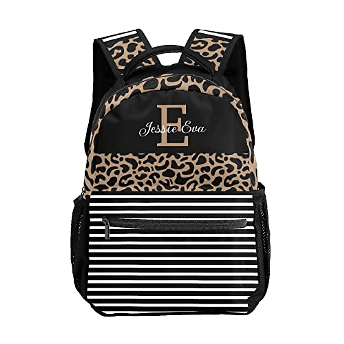 Custom Kid Backpack, Black White Striped Leopard Personalized School Bookbag with Your Own Name, Customization Casual Bookbags for Student Girls Boys