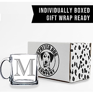 Spotted Dog Company Etched Monogram 12oz Clear Glass Coffee Mug (Letter M), A-Z Customized Coffee Gifts for Coffee Lovers, Custom Engraved Gifts for Women Her, Personalized Gift for Men, Initial