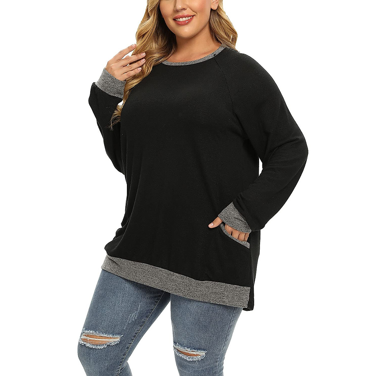 Plus Size Sweatshirts for Women, Long Sleeve Fall Crewneck Tunic Tops with Pockets for Leggings Black 3X