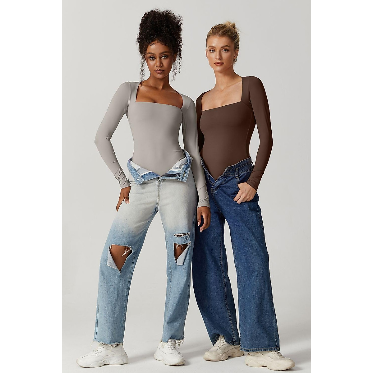 QINSEN Women's Sexy Square Neck Bodysuit Long Sleeve Double Shirt Tops Light Quiet Gray S