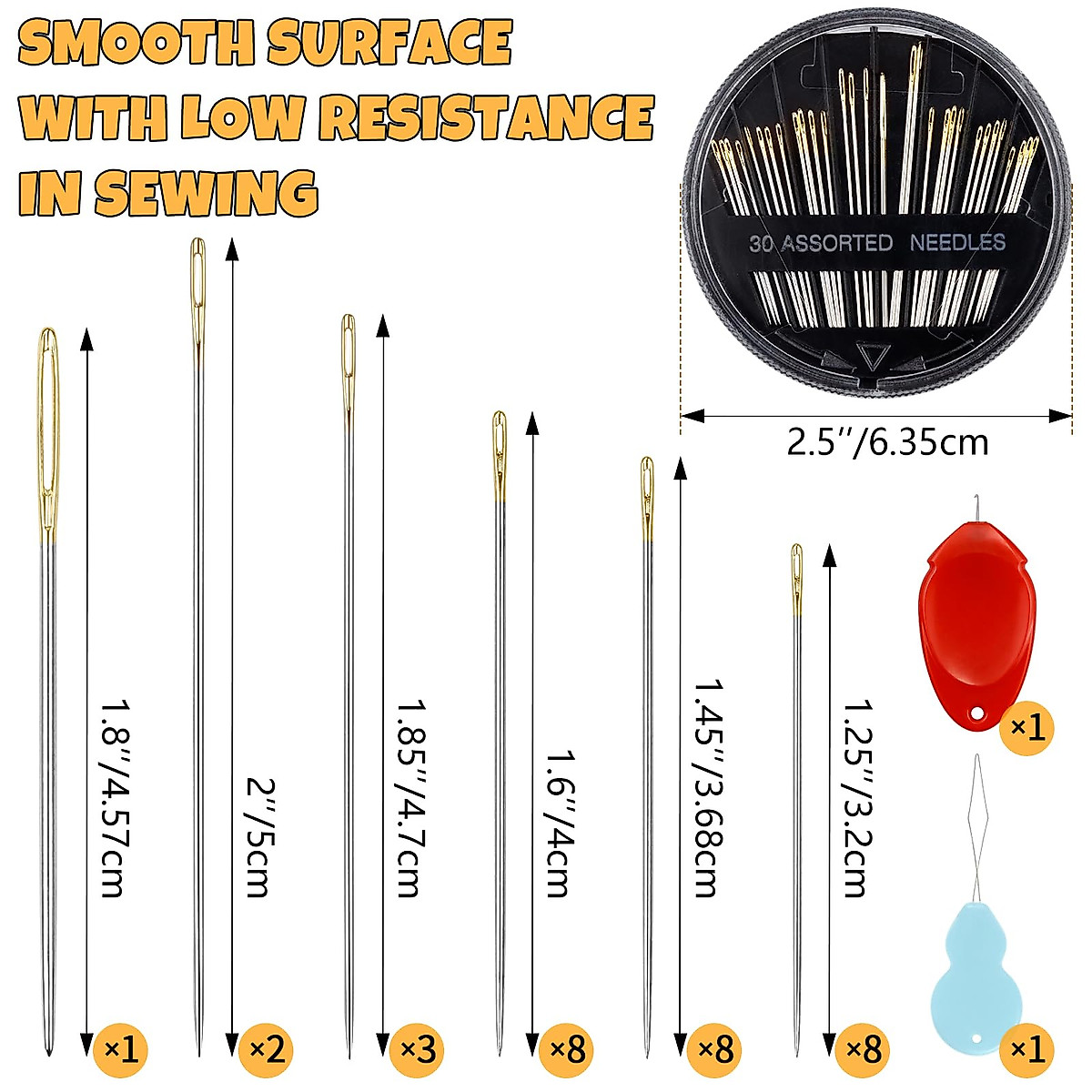 FIVEIZERO 30-Count Premium Hand Sewing Needles, 6 Sizes Embroidery Needles Kit with Threaders for Hand Sewing Crafts,Large Eye Sewing Needle Kit for Art and Craft Projects