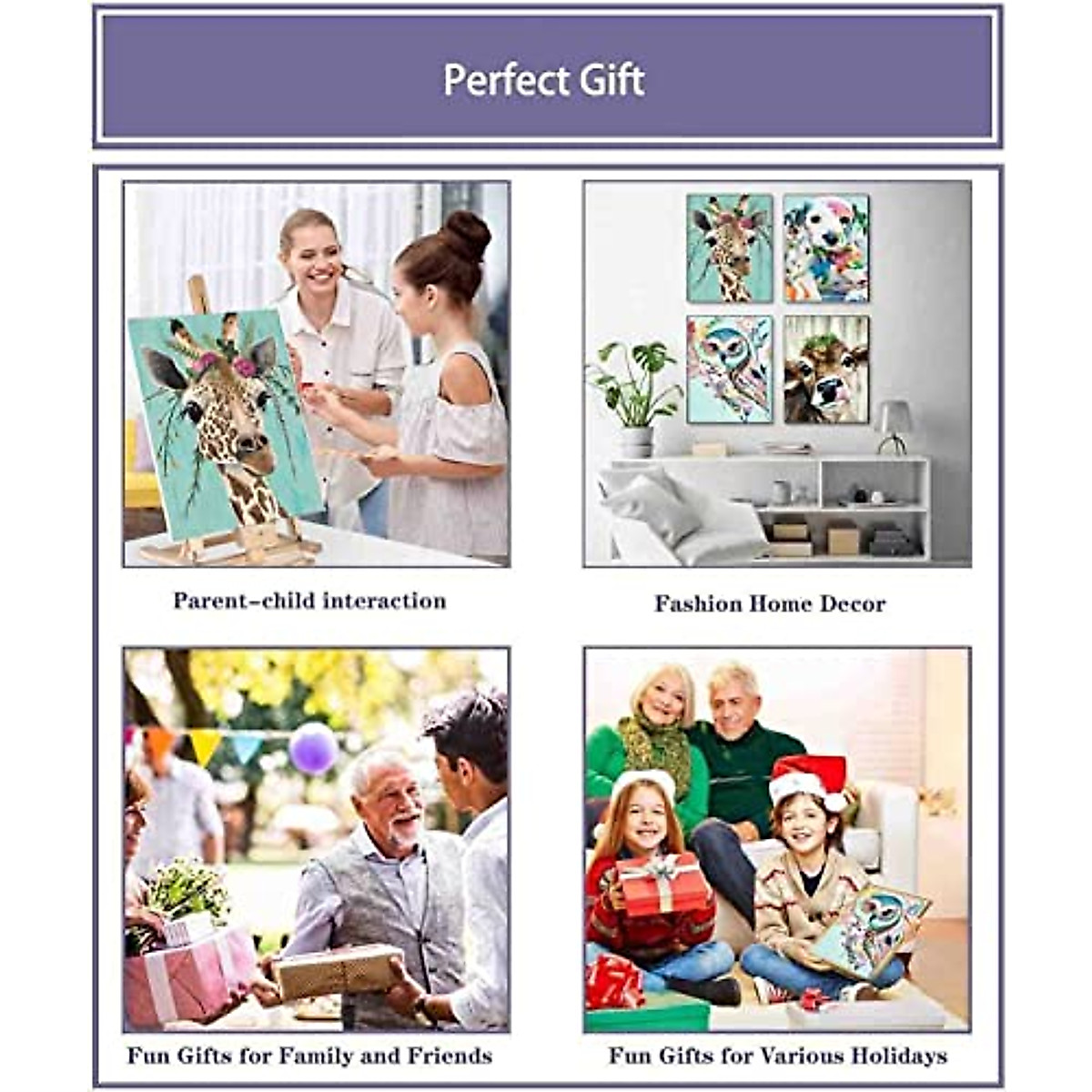 4 Pack Animal Paint by Numbers for Adults Kids Beginner, On Canvas DIY Giraffe Owl Cow Dog Oil Painting for Home Decor 12X16 Inch