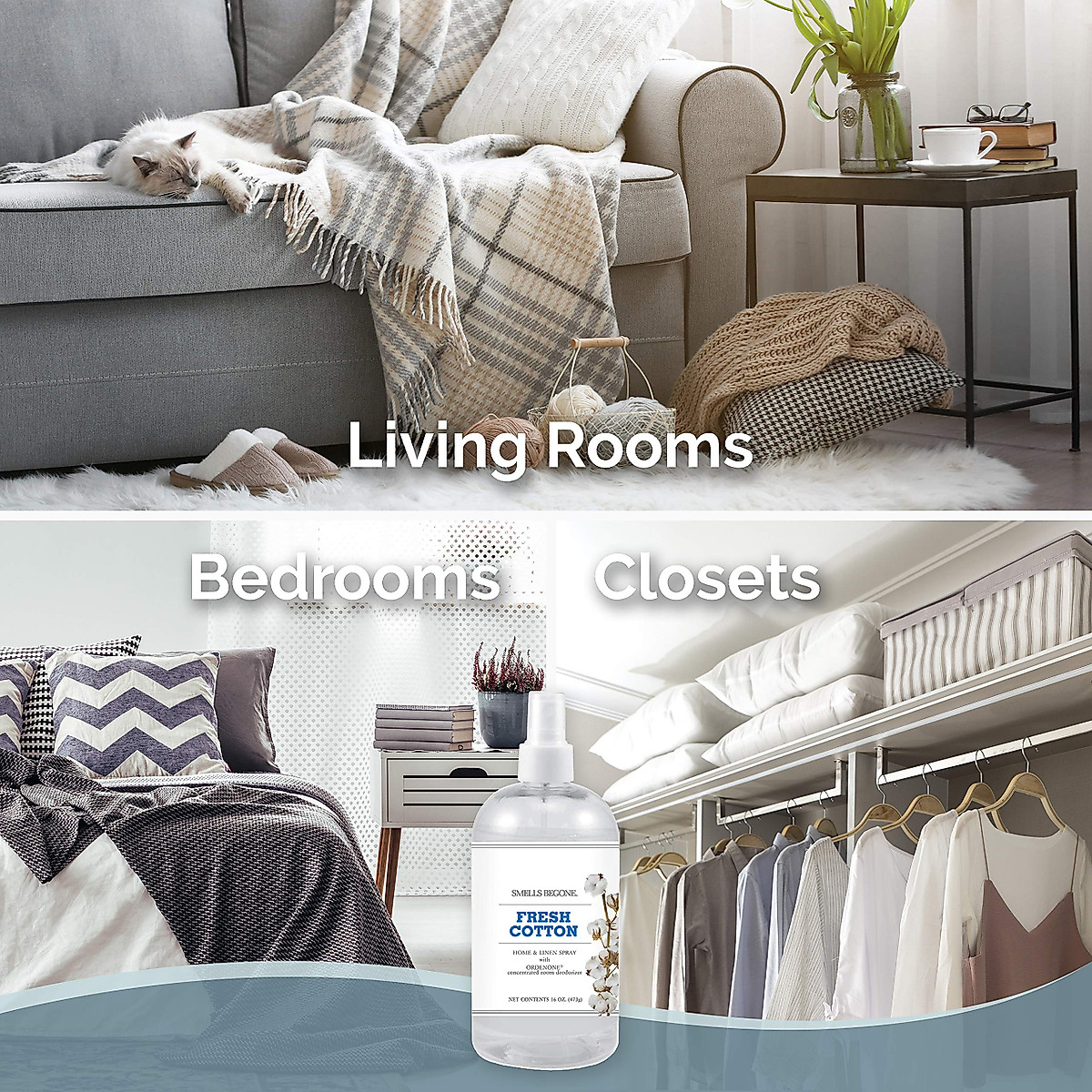 SMELLS BEGONE Air Freshener Home and Linen Spray - Odor Eliminator - Made with Essential Oils - Fresh Cotton Scent - 2 Pack - 16 Ounce