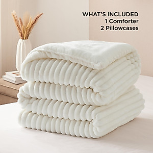 Bedsure Fluffy Comforter Set King - Super Soft Faux Fur Comforter King Size Cream White, Winter Warm Fleece Bedding Set, Plush Fuzzy Bed Set, 3 Pieces, 1 Shaggy Comforter with 2 Pillowcases