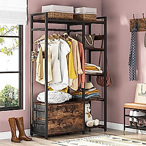 Tribesigns Freestanding Closet Organizer, Clothes Rack with Drawers and Shelves, Heavy Duty Garment Rack Hanging Clothing Wardrobe Storage Closet for Bedroom, Rustic Brown