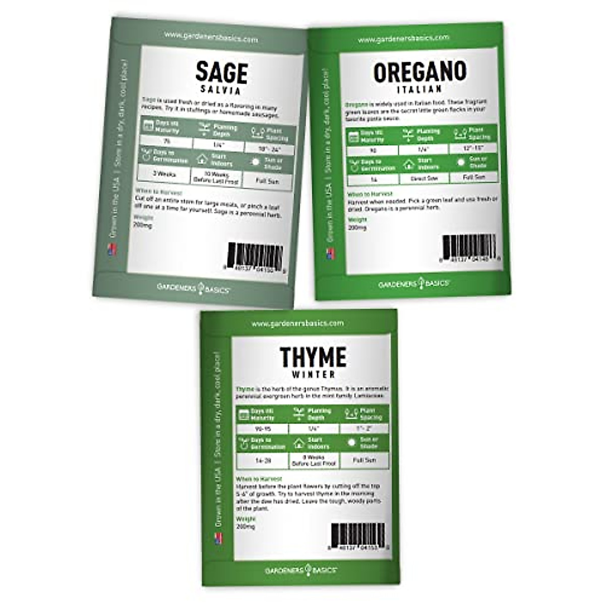 Italian Herb Seeds for Planting 5 Variety Herbs Seed Packets Including Italian Flat Leaf Parsley, Sage, Oregano, Thyme, Basil - Great for Kitchen Herb Garden, Hydroponics Heirloom - Gardners Basics