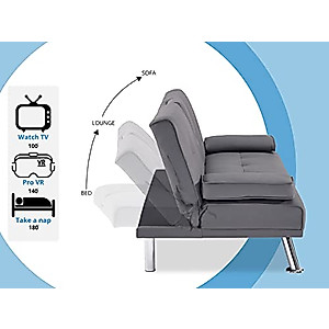 Naomi Home Futon Sofa Bed, Faux Leather Futon Couch with Armrest and 2 Cupholders, Pull Out Sofa Bed Couch Convertible with Metal Legs, Folding, Reclining Couch Bed, Futon Bed for Living Room - Gray