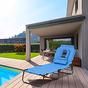 Giantex Outdoor Chaise Lounge Chair - Folding Beach Chair with 5 Adjustable Positions, Hole, Detachable Pillow, Hand Ropes, Lounger for Sunbathing, Poolside, Yard, Patio Lawn Chair