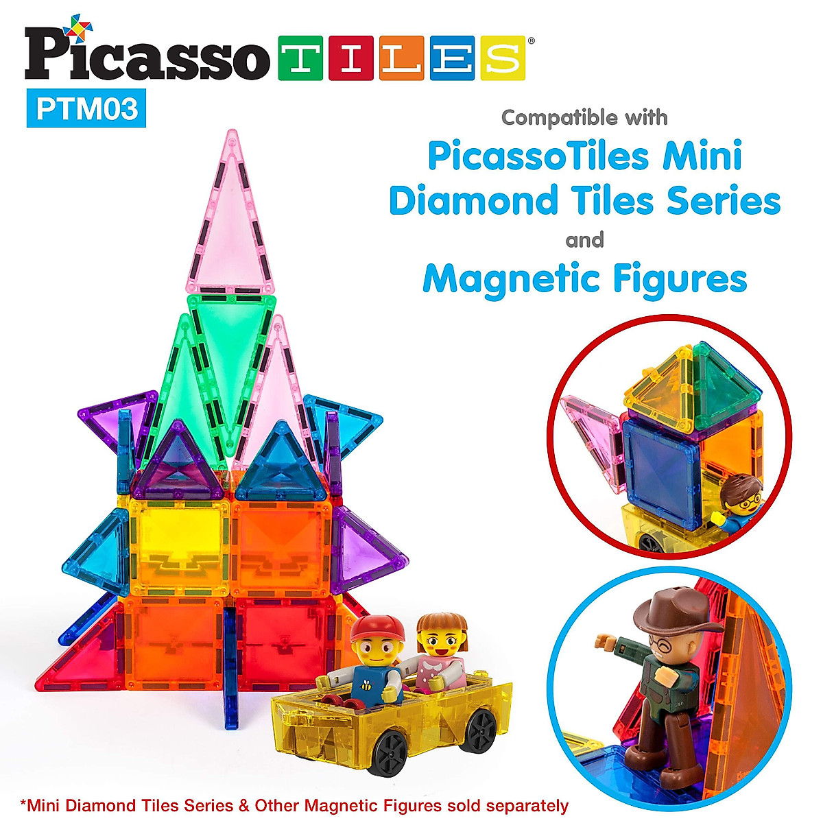 PicassoTiles Mini Magnetic Tiles Expansion Car Truck and Figures Play Set, Kids Building Magnet Bricks STEM & Learning Toys, Magnetic Add-ons, Car Toys, Toddler Preschool 3 years and up boys and girls