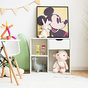 Giantex Kids Toy Storage Organizer White, 21" H Wooden Floor Storage Cabinet with 3 Cubes and 1 Drawer, Small Multifunctional Kid Bookcase for Nursery Playroom and Bedroom