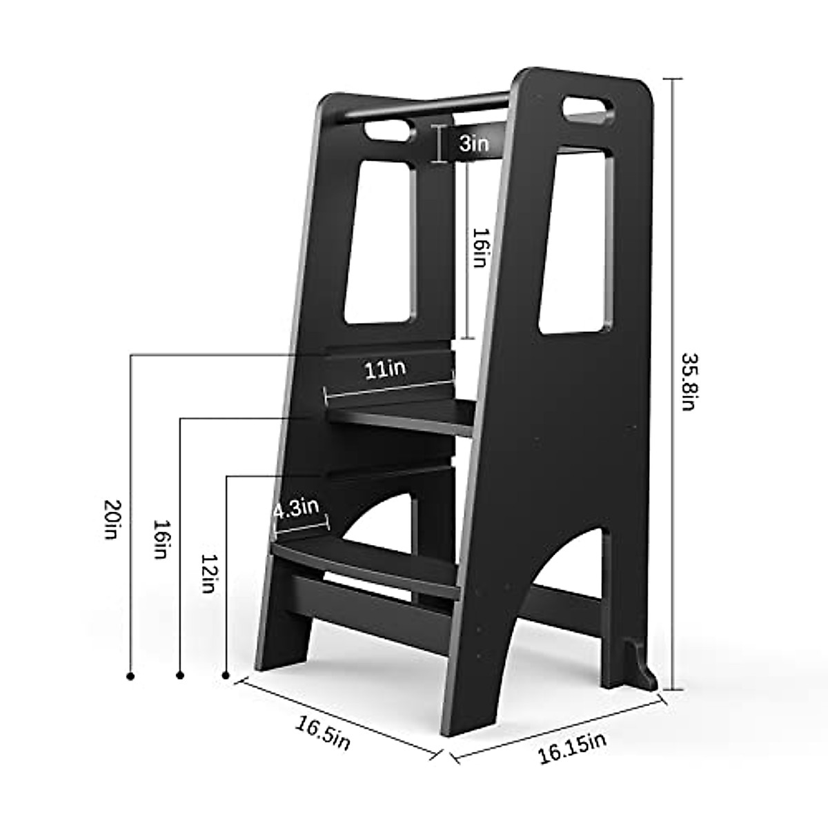 MOAMUN Wooden Step Stool for Kids, Adjustable Height Toddler Learning Helper Tower with Handle, Solid Wood Step Stool for Kitchen,Bathroom,Bedroom (Black)