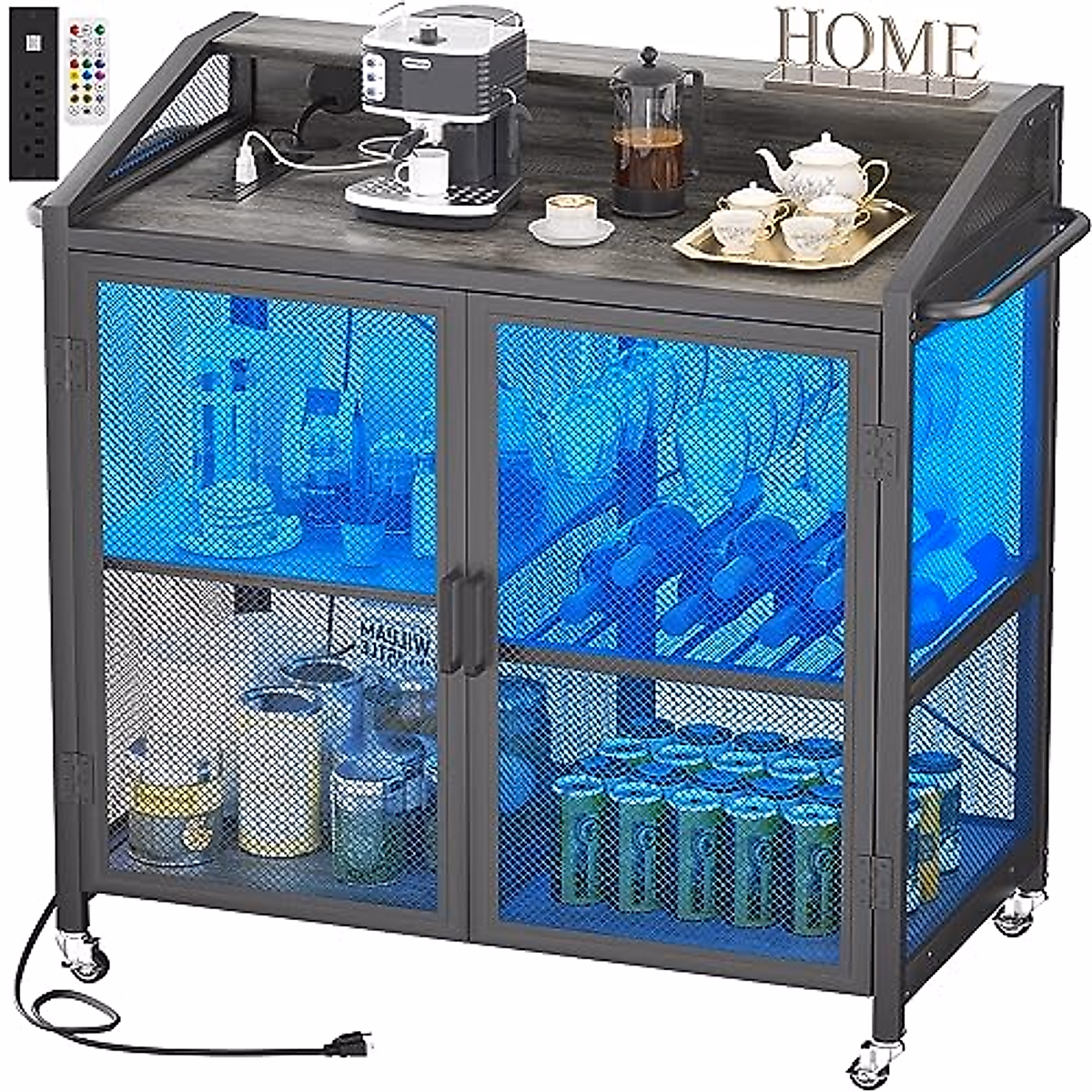 Cyclysio Sideboard Buffet Cabinet with Power Outlets, Wine Bar Cabinet with LED Lights Kitchen Cabinet Modern Accent Buffet Cabinet with Door for Bedroom, Living Room, Kitchen, Office Grey