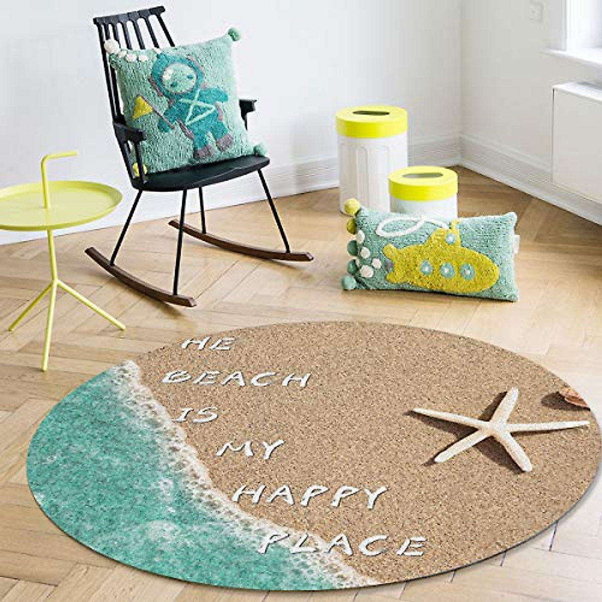 Round Area Rugs 3ft,Summer Coastal Beach Sand Starfish Indoor Throw Runner Circle Rug Entryway Doormat Floor Carpet Pad Yoga Mat for Bedroom Living Room The Beach is My Happy Place
