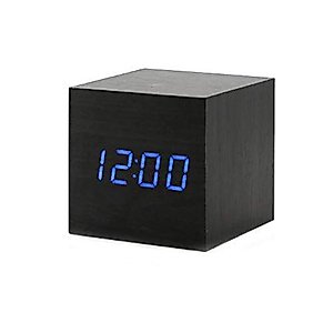 ThreeH Wooden Digital Alarm Clock,Cube Little Clock with LED Temperature Time Calendar Display,Sound Control,Snooze Mode,USB/Battery Powered Clock for Home Office AC10 Black_Blue