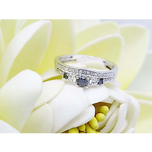 Dazzlingrock Collection 0.45 Carat (Ctw) 14k Round Black And White Diamond Women 5 Stone Bridal Engagement Ring Matching Band Set 1/2 CT, White Gold, Size 7