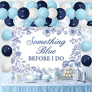 JOYMEMO Something Blue Before I Do Bridal Shower Decorations for Women, Blue and White Balloons Garland Arch Kit with Blue Flower Party Backdrop, I Do Diamond Ring Balloon, Bachelorette Party