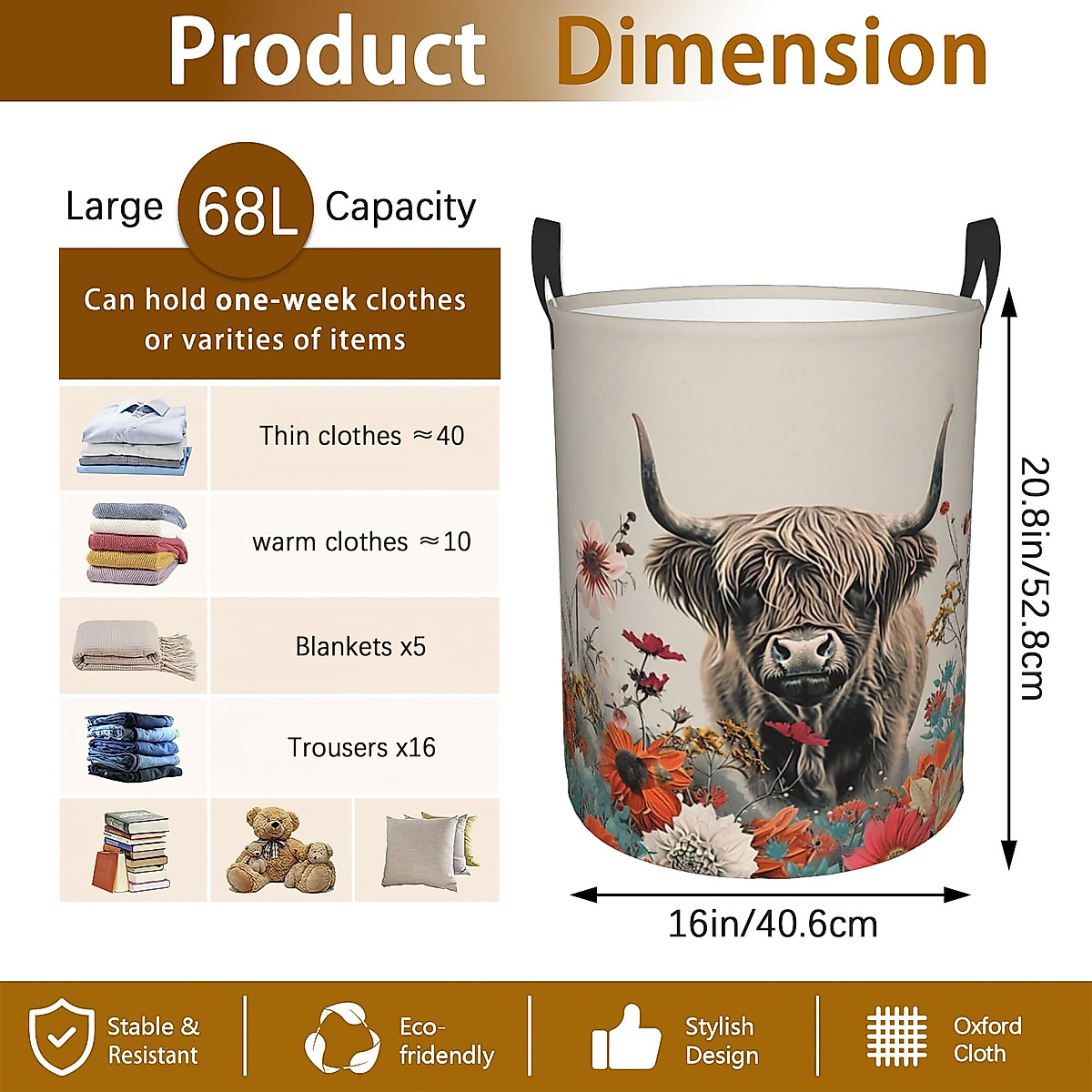 Highland Cow with Flowers Laundry Basket,Waterproof Laundry Hamper,Collapsible Organizer Basket for Storage Bin Toy Bins, Dirty Clothes Laundry Basket for Living Room/Bathroom/Bedroom